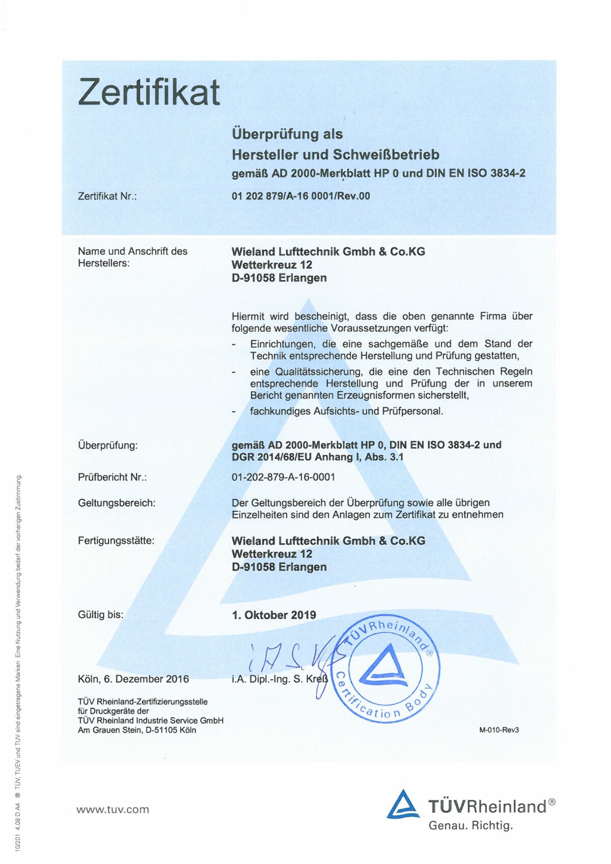 Certificate – Wieland Lufttechnik